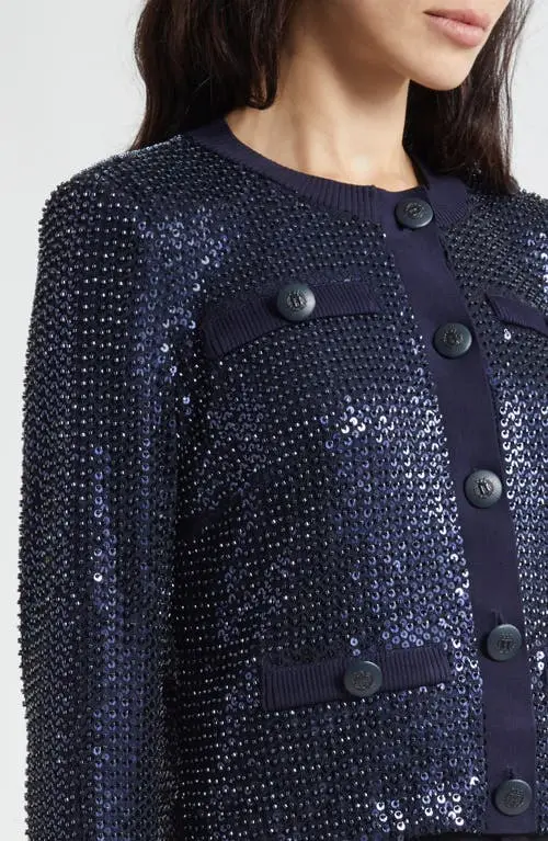 Ramy Brook Sequin Knit Jacket - Navy Beaded Mesh