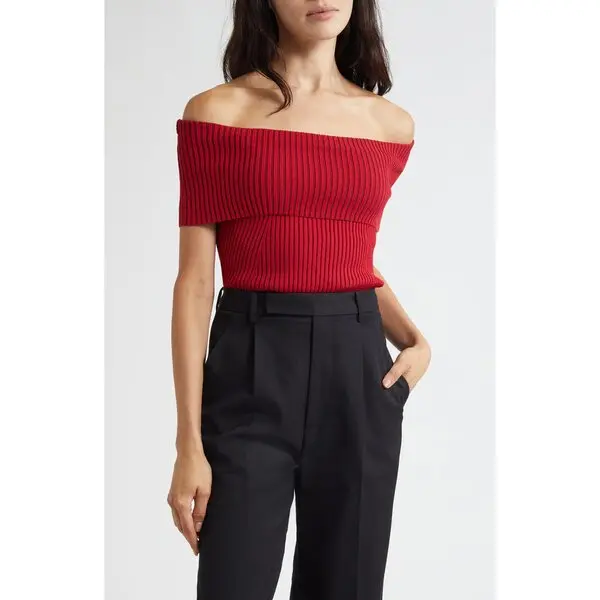 Ramy Brook Foldover Off-the-shoulder Rib Top - Scarlet Red