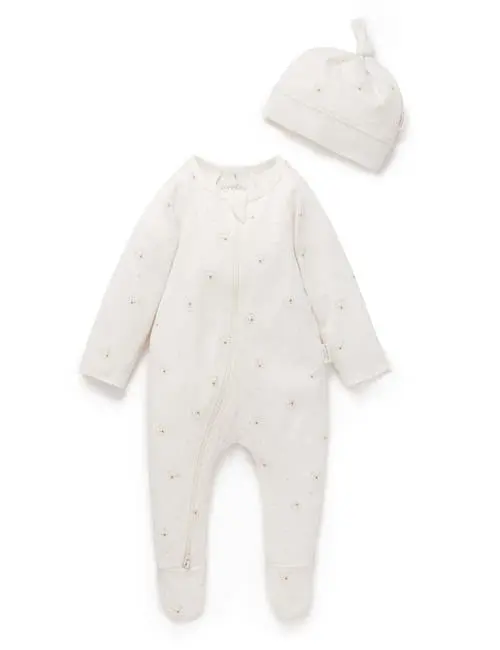 PUREBABY Zip Coverall & Knot Hat Set - Vanilla Bear