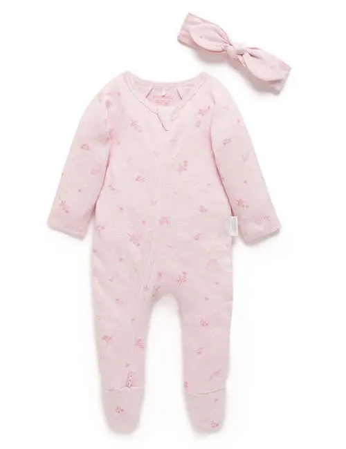 PUREBABY Zip Growsuit And Knot Headband Set - Pale Pink Blossom