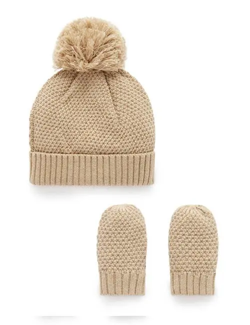 PUREBABY Beanie And Mitten Set - Mushroom Melange
