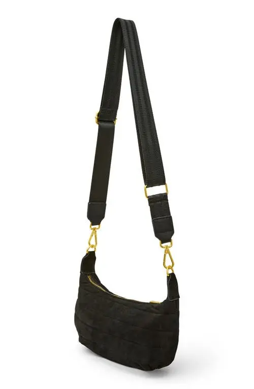 THINK ROYLN Quilted Mini Moon Crossbody Bag - Black Suede