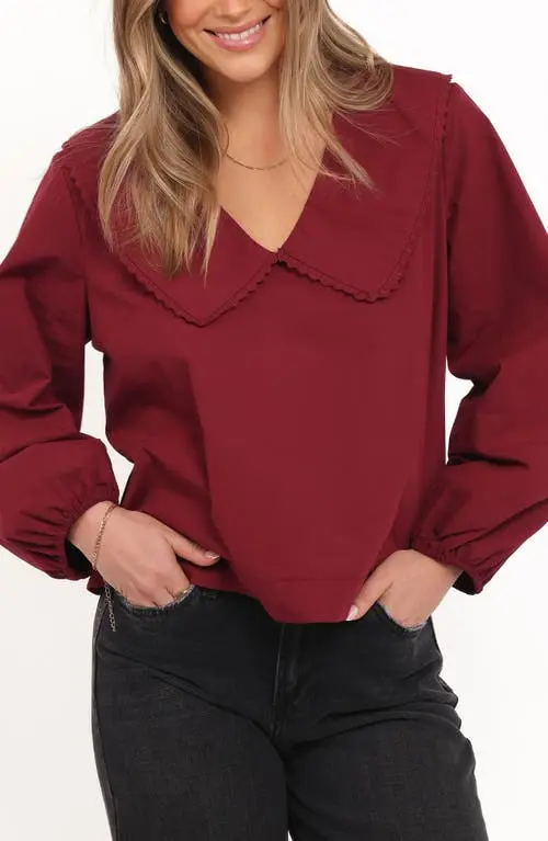 PETAL & PUP Kenna Collared Cotton Poplin Top - Wine
