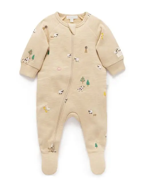 PUREBABY Embroidered Fleece Footie - Farm Friends Broderie