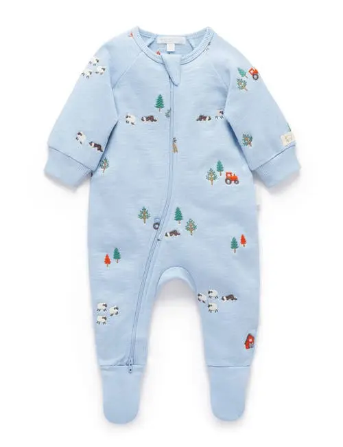 PUREBABY Embroidered Fleece Footie - Herding Sheep Broderie