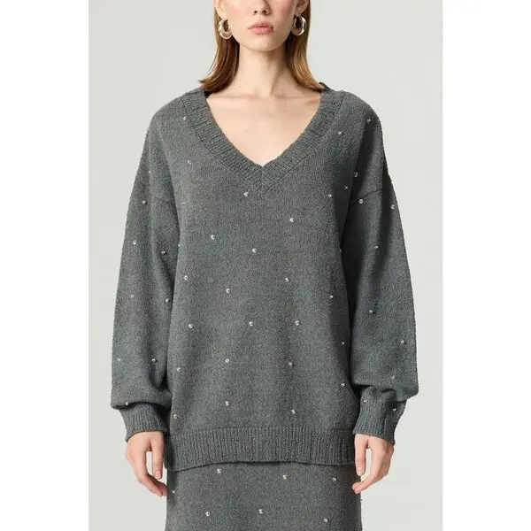 NOCTURNE Embellished V-neck Knit Sweater - Anthracite