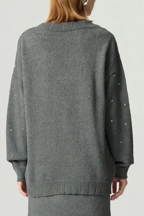 NOCTURNE Embellished V-neck Knit Sweater - Anthracite