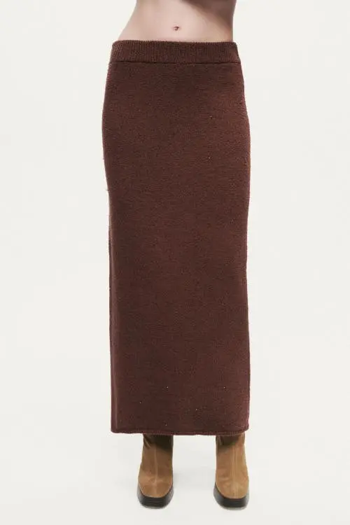 NOCTURNE Embellished Ribbed Knit Maxi Skirt - Brown