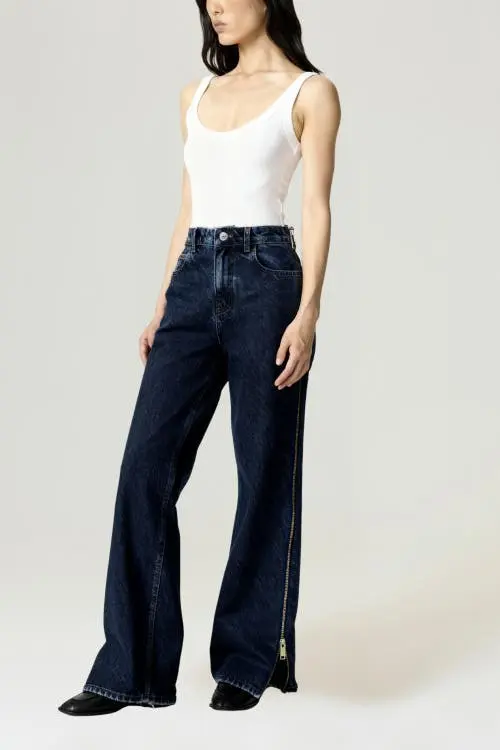NOCTURNE Zip Accent Straight-leg Denim Pants - Navy Blue