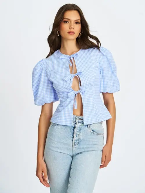 MISS CIRCLE NEW YORK Gingham Puff-sleeve Top With Tie Detail - Blue