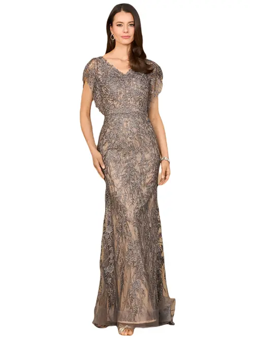 LARA NEW YORK Cap Sleeve Mermaid V-neck Gown - Grey