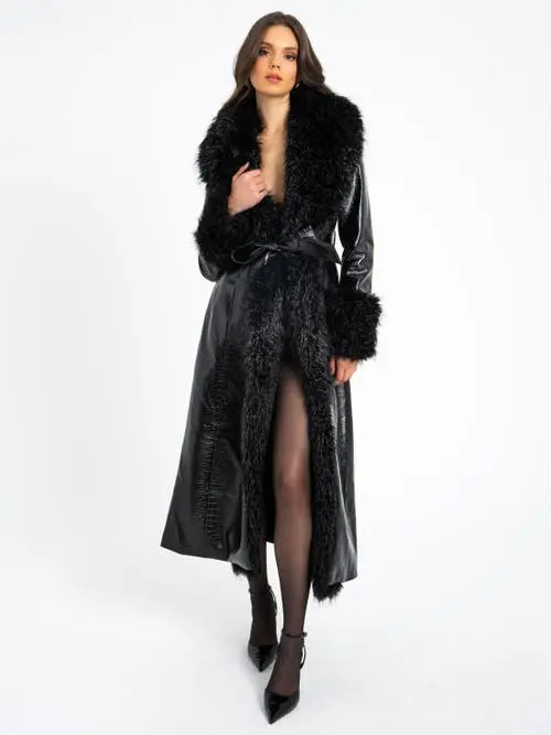 MISS CIRCLE NEW YORK Zella Longline Vegan Croc Leather Coat With Fur Trim