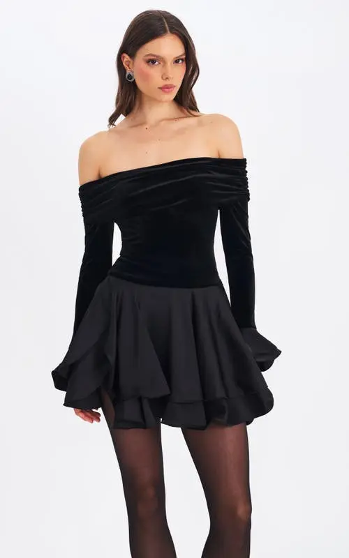 MISS CIRCLE NEW YORK Magnolia Off-shoulder Layered Mini Dress