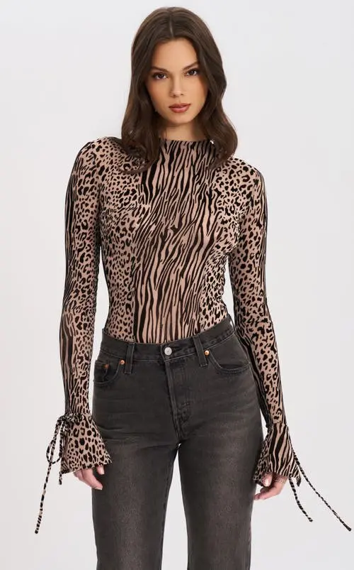 MISS CIRCLE NEW YORK Ibera Animal Print Velvet Bodysuit - Brown