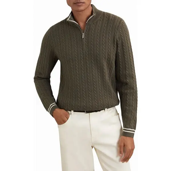 REISS Tuscano Cable Quarter Zip Sweater - Khaki Green