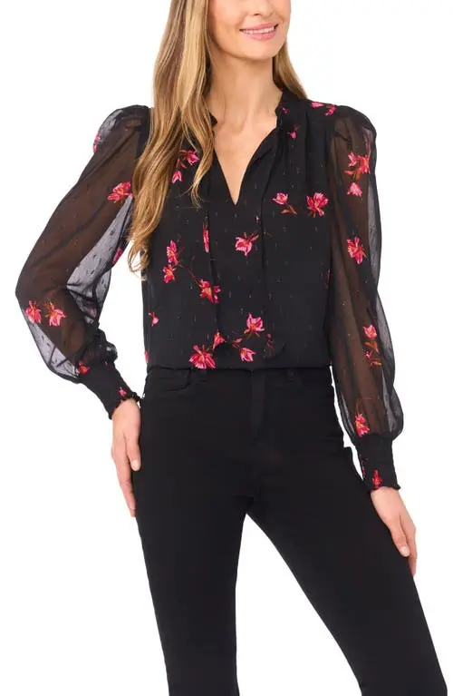 CECE DUPRAZ Floral Metallic Split-neck Top