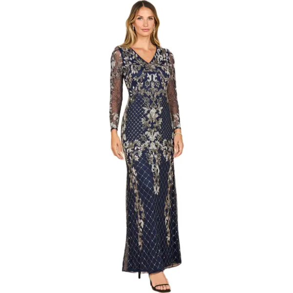 LARA NEW YORK Long Sleeve Beaded Gown - Navy