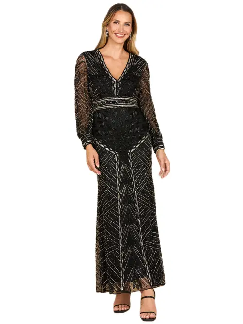 LARA NEW YORK Beaded V-neck Long Sleeve Gown - Black