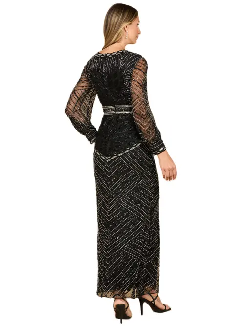 LARA NEW YORK Beaded V-neck Long Sleeve Gown - Black