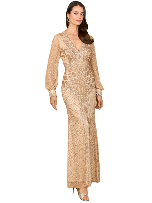 LARA NEW YORK Beaded V-neck Long Sleeve Gown - Nude