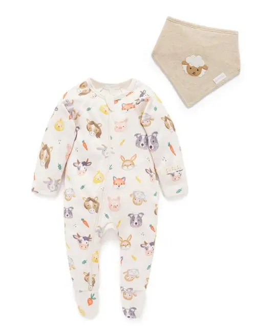 PUREBABY Cotton Zip Footie And Bib Set - Farm Friends Print
