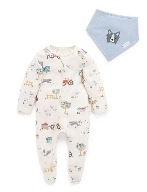 PUREBABY Cotton Zip Footie And Bib Set - Hearding Sheep Print