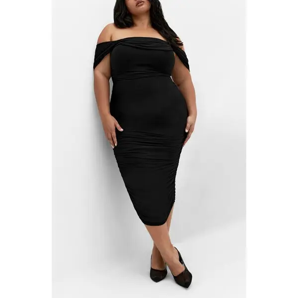 City Chic Off-the-shoulder Ruched Mesh Dress - Black