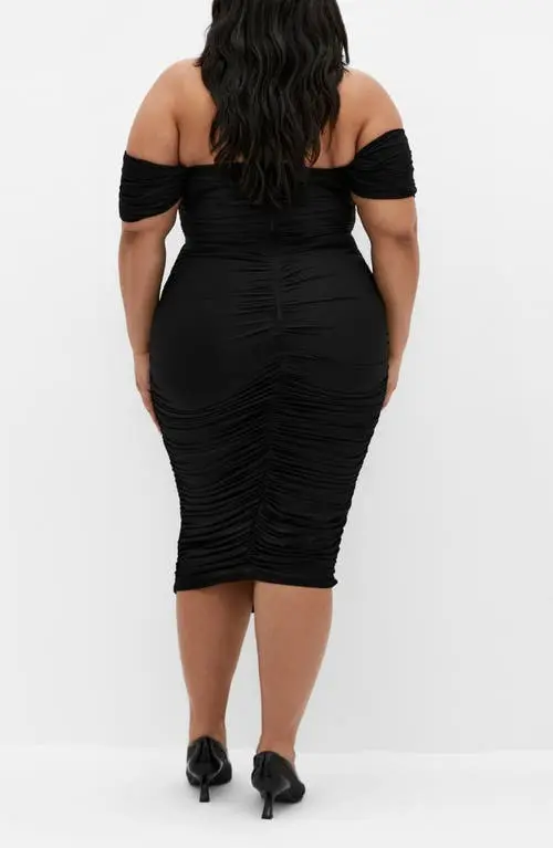 City Chic Off-the-shoulder Ruched Mesh Dress - Black