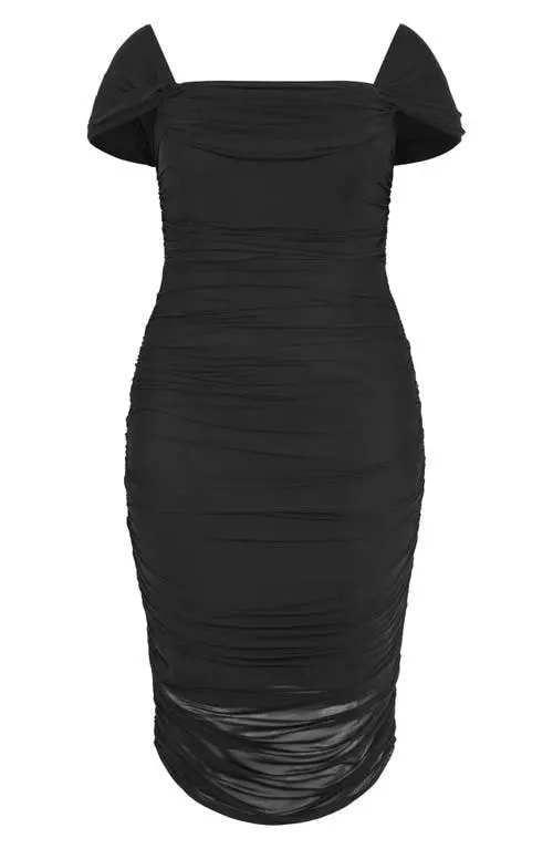 City Chic Off-the-shoulder Ruched Mesh Dress - Black