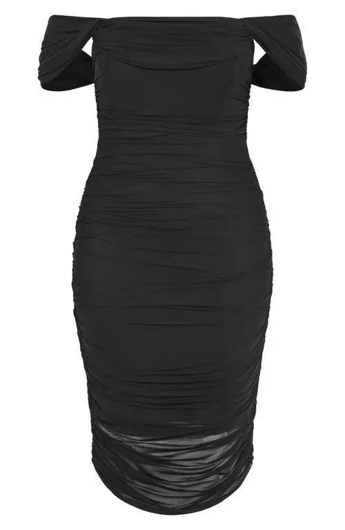City Chic Off-the-shoulder Ruched Mesh Dress - Black