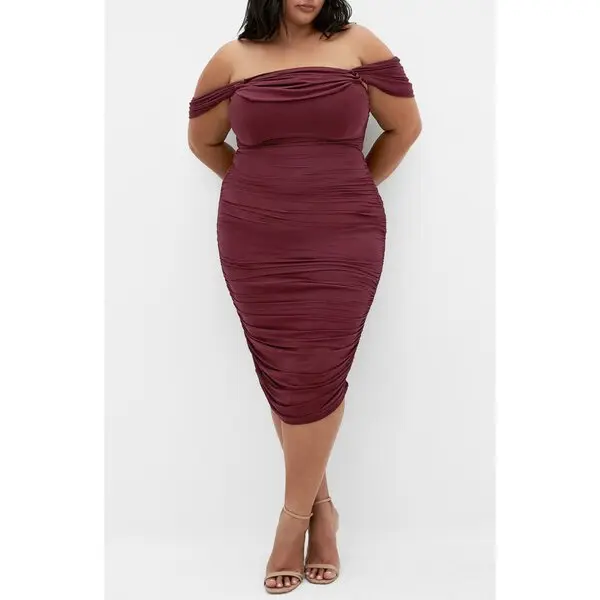 City Chic Off-the-shoulder Ruched Mesh Dress - Dark Cherry