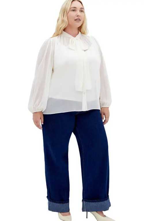City Chic Seline Tie Neck Chiffon Shirt - Cream