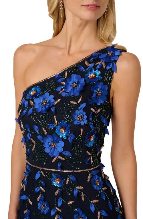 Adrianna Papell 3d Floral Beaded One-Shoulder Gown - Navy/Rose Gold |  Editorialist