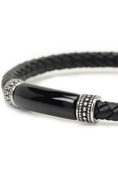 CUFFLINKS, INC. Braided Leather Bracelet With Onyx And Engraved Detail