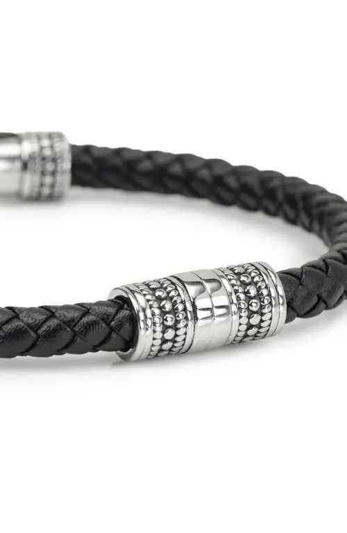CUFFLINKS, INC. Braided Leather Bracelet With Onyx And Engraved Detail