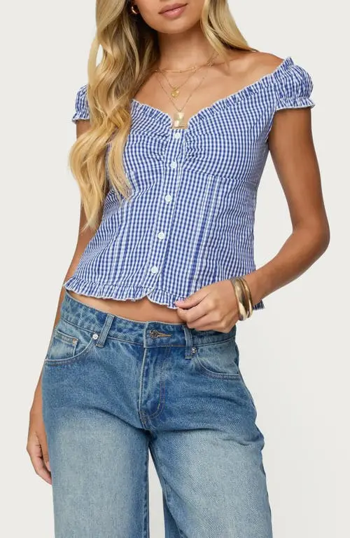 EDIKTED Gingham Ruffle Crop Button-up Shirt