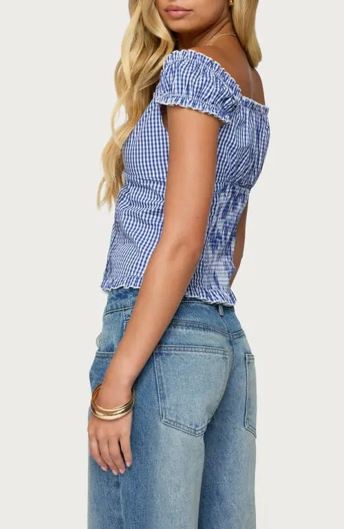 EDIKTED Gingham Ruffle Crop Button-up Shirt