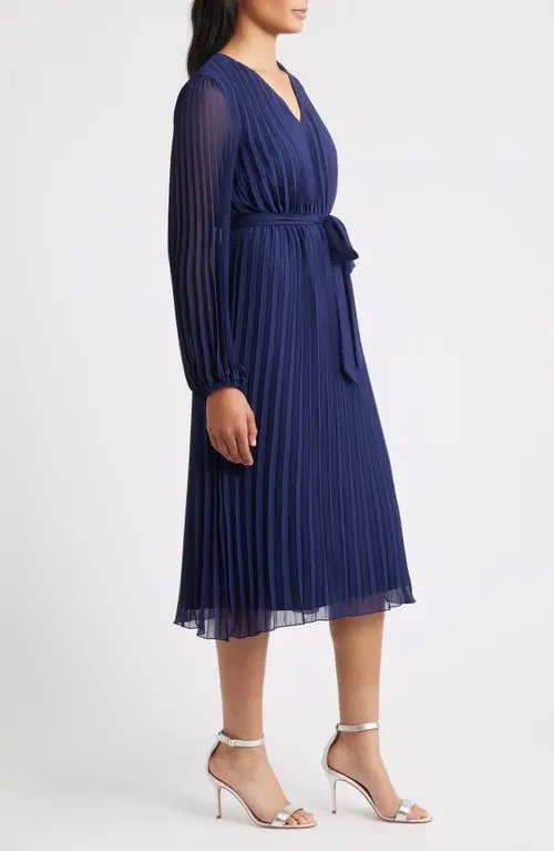 Sam Edelman Pleated Long Sleeve Chiffon Midi Dress - Navy