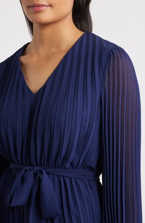 Sam Edelman Pleated Long Sleeve Chiffon Midi Dress - Navy