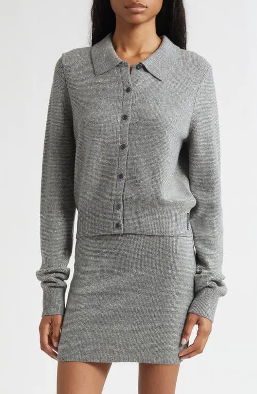 Alexander Wang Crystal Hotfix Wool Blend Polo Cardigan - Heather Grey