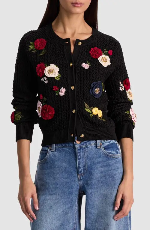 Alice + Olivia Dollie Floral Wool Blend Cardigan - Black Multi
