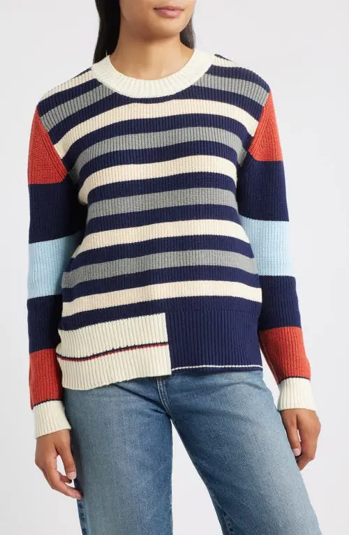 CITY BLUES Striped Colorblock Crewneck Sweater - Navy