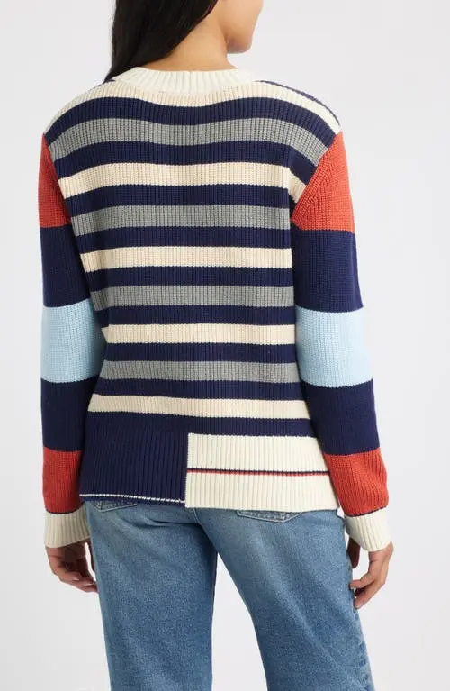 CITY BLUES Striped Colorblock Crewneck Sweater - Navy