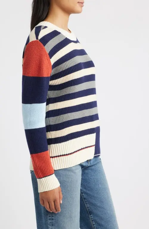 CITY BLUES Striped Colorblock Crewneck Sweater - Navy