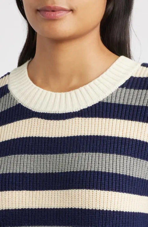 CITY BLUES Striped Colorblock Crewneck Sweater - Navy
