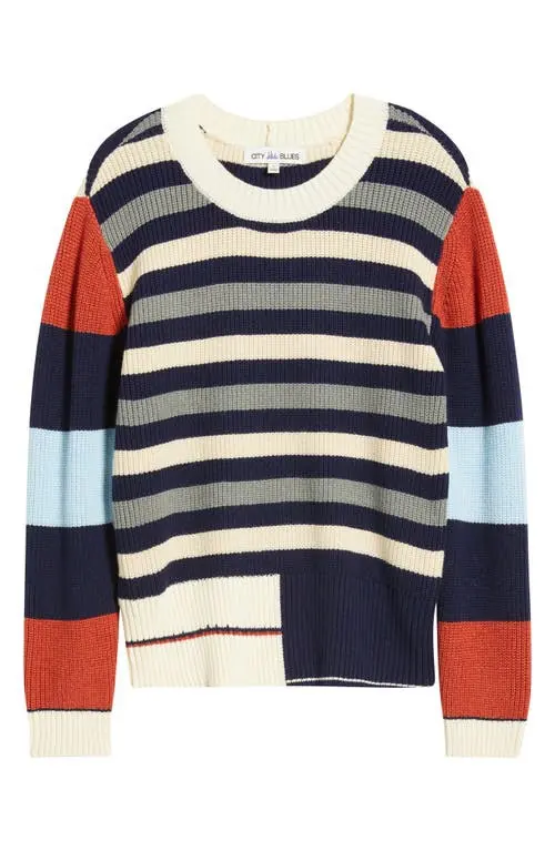 CITY BLUES Striped Colorblock Crewneck Sweater - Navy
