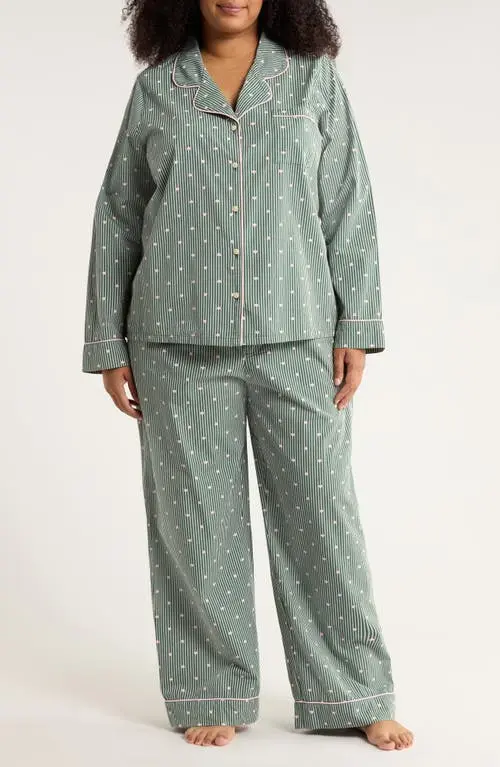 Nordstrom Classic Cotton Pajamas - Green- Pink Heart Stripe