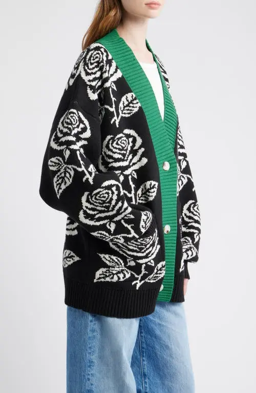 DRESSED IN LALA Oversized Rose Jacquard Cardigan