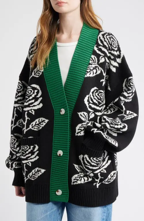 DRESSED IN LALA Oversized Rose Jacquard Cardigan