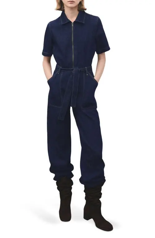 Mango Belted Denim Jumpsuit - Open Blue